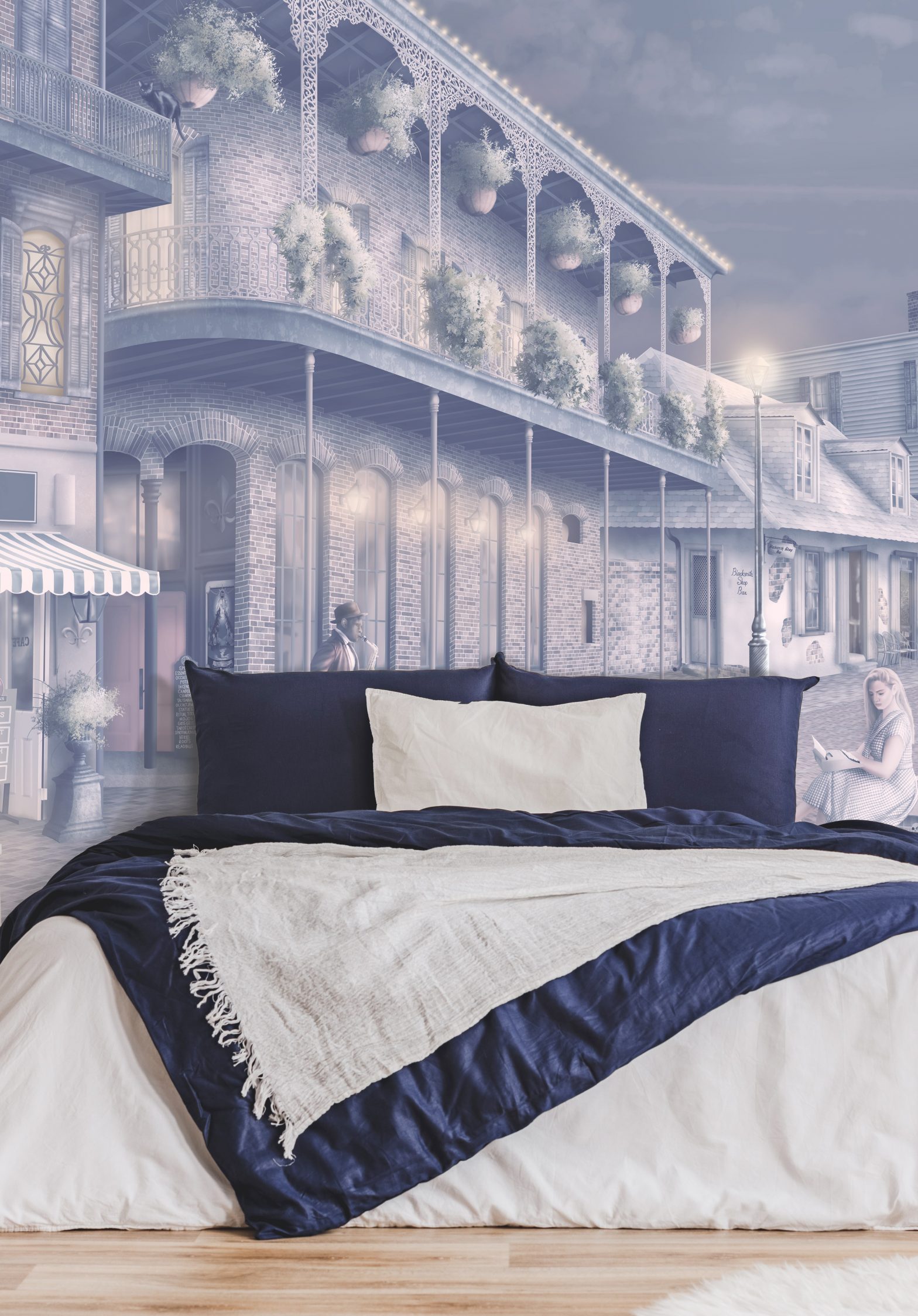 Romantic mural of a street cafe with lights. New Orleans Night - Wall Mural