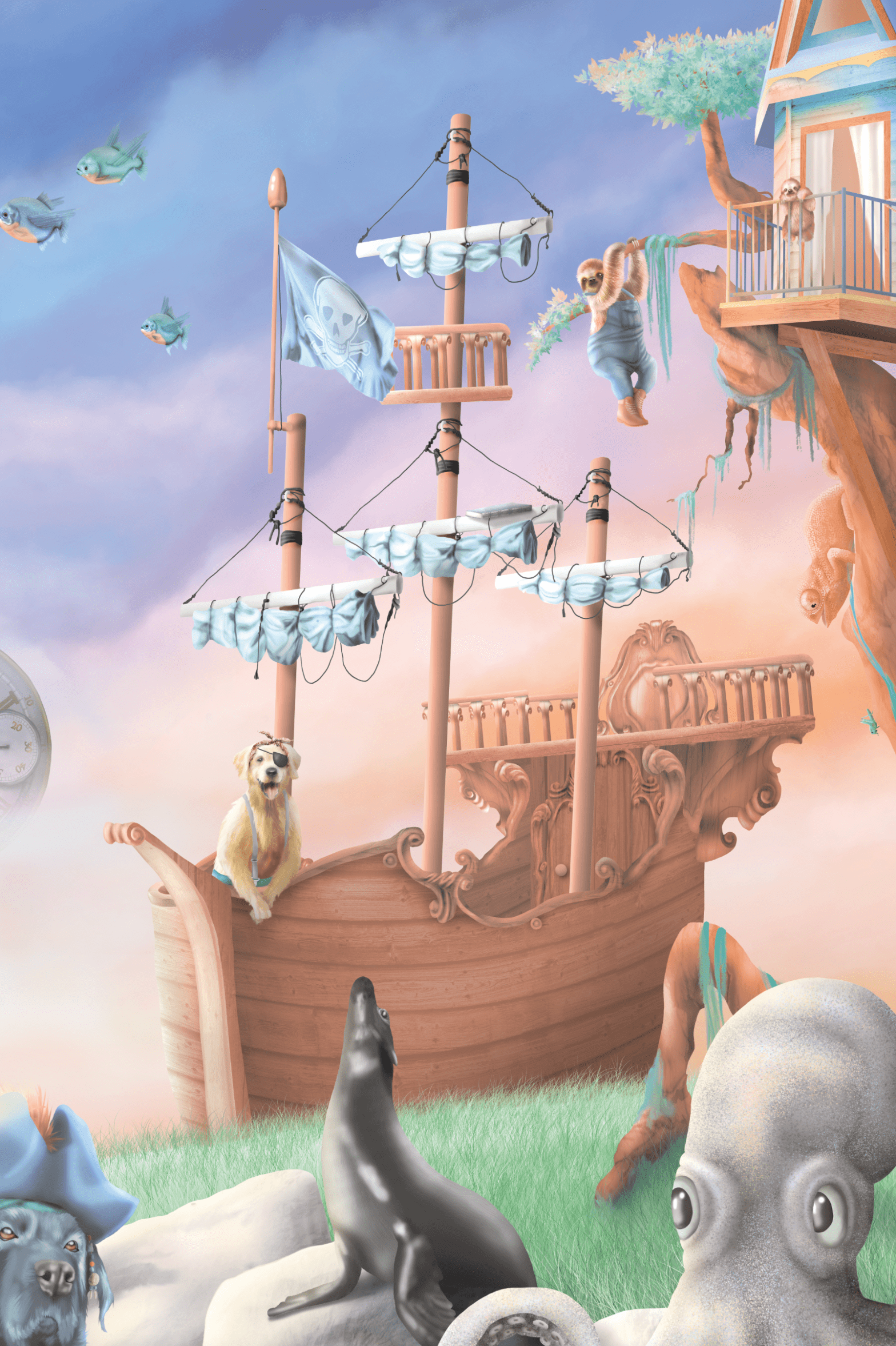 'Pooch Pirates In Paradise' ocean kids pirate mural wallpaper