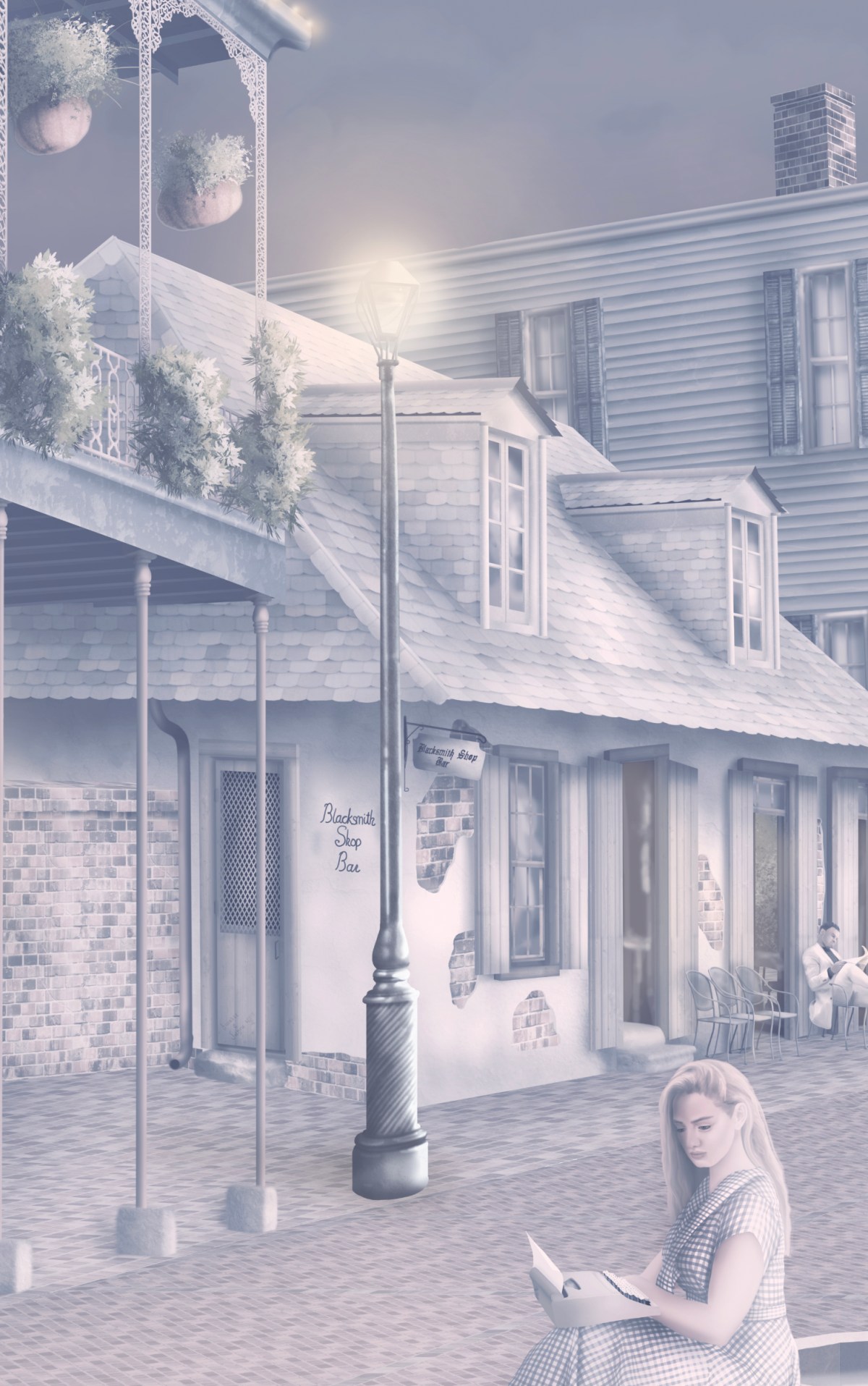 Romantic wallpaper mural of a night street cafe with lights.