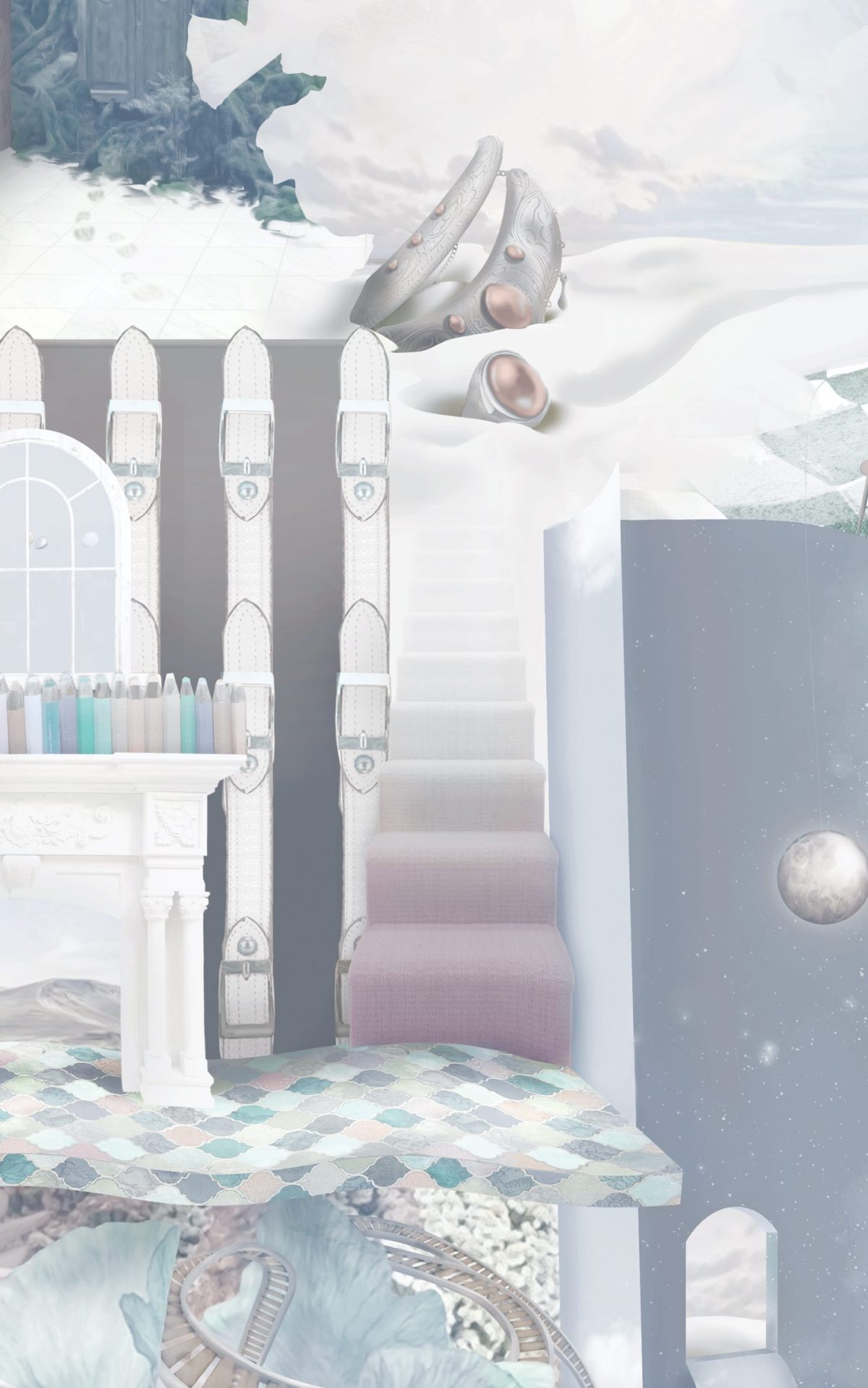 Funky Eclectic Wallpaper - Wonderland - Mist White, Grey & Blue