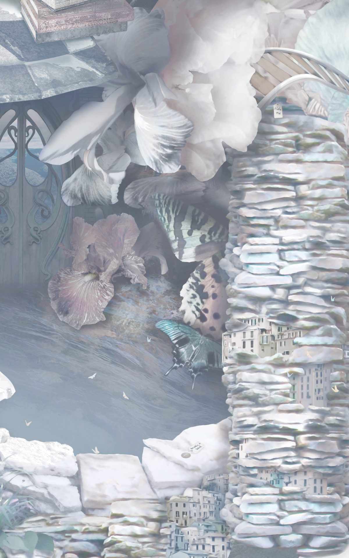 Funky Eclectic Wallpaper - Wonderland - Mist White, Grey & Blue